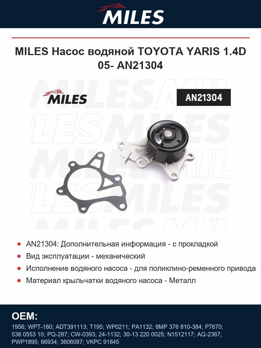 MILES Насос водяной TOYOTA YARIS 1.4D 05- AN21304