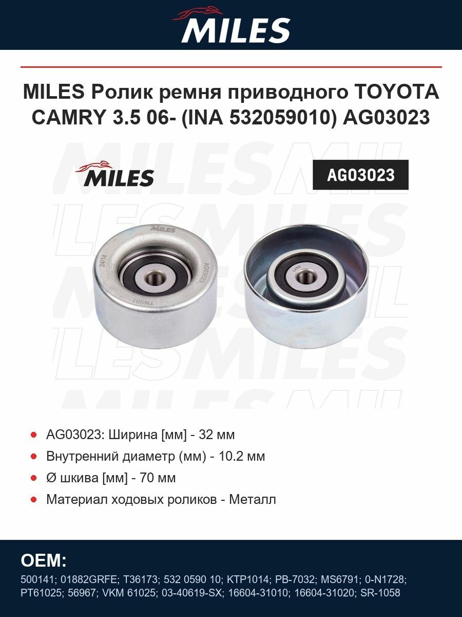 MILES Ролик ремня приводного TOYOTA CAMRY 3.5 06- (INA 532059010) AG03023
