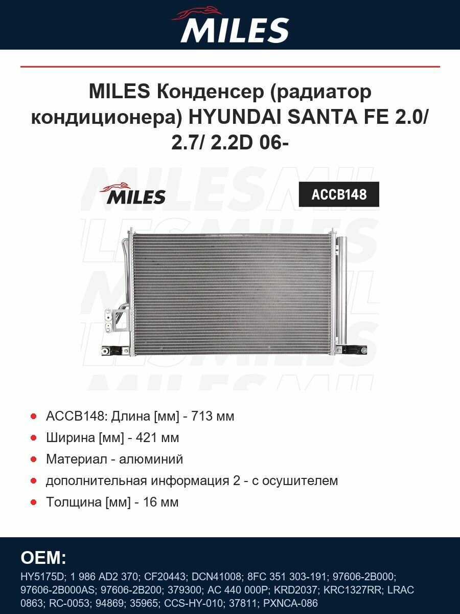 MILES Конденсер (радиатор кондиционера) HYUNDAI SANTA FE 2.0/ 2.7/ 2.2D 06-