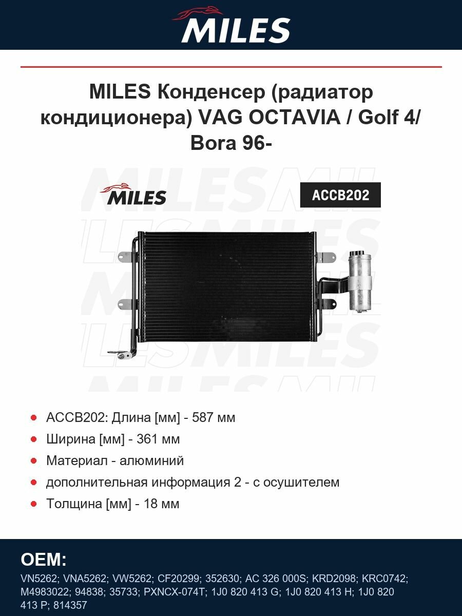 MILES Конденсер (радиатор кондиционера) VAG OCTAVIA / Golf 4/ Bora 96-