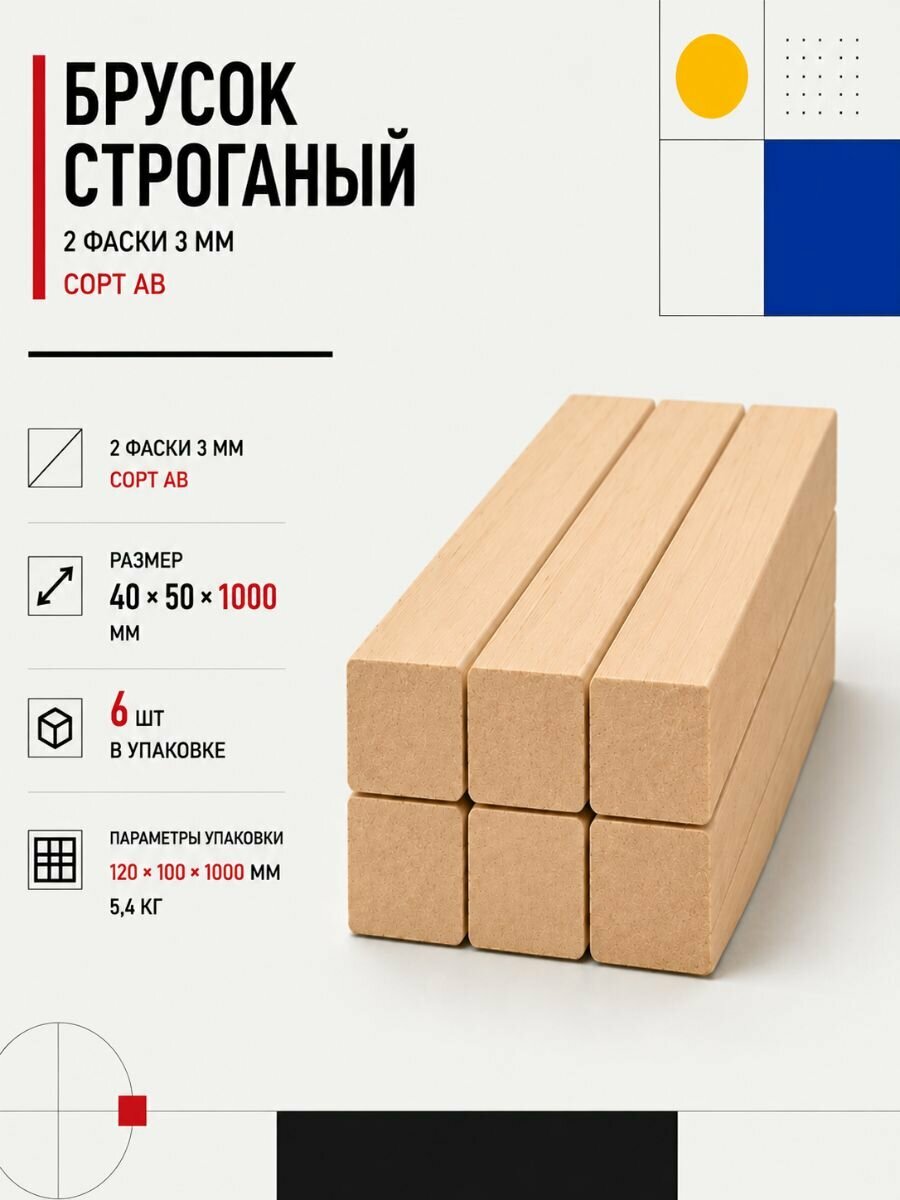 Брусок строганый 2 Фаски 3 мм сорт АВ, 40х50х1000, 6шт, хвойных пород
