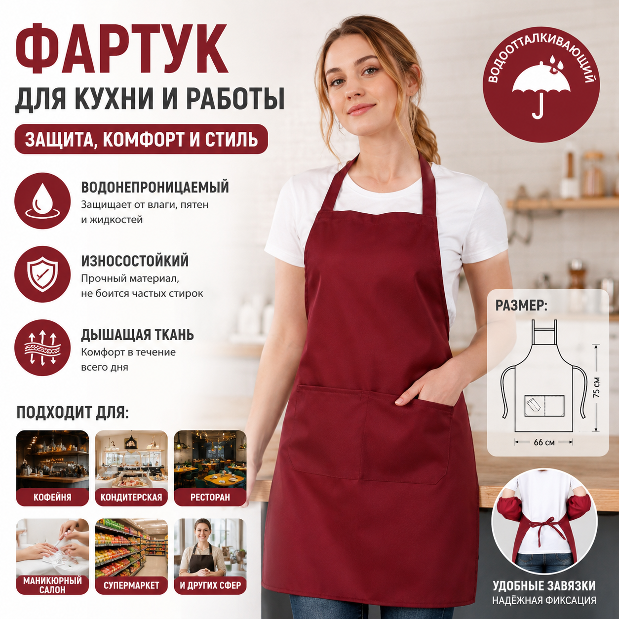 Кухонный фартук, 75*66 см, бордовый, подходит для кухни и других помещений, 1 шт.