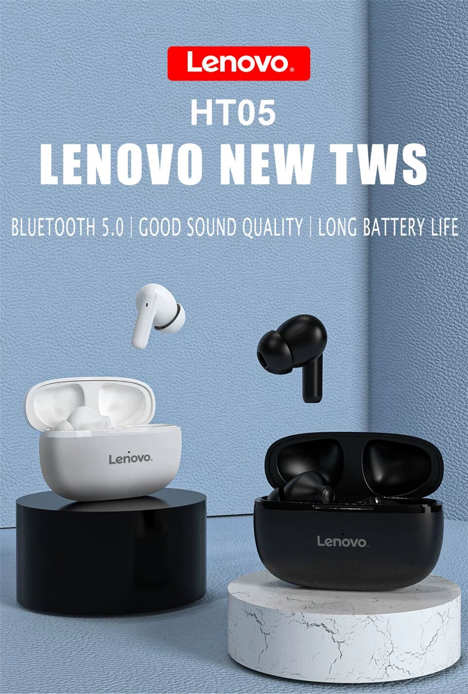 Lenovo HT05 TWS беспроводные наушники Bluetooth для спорта с шумоподавлением, удобная посадка, черный цвет