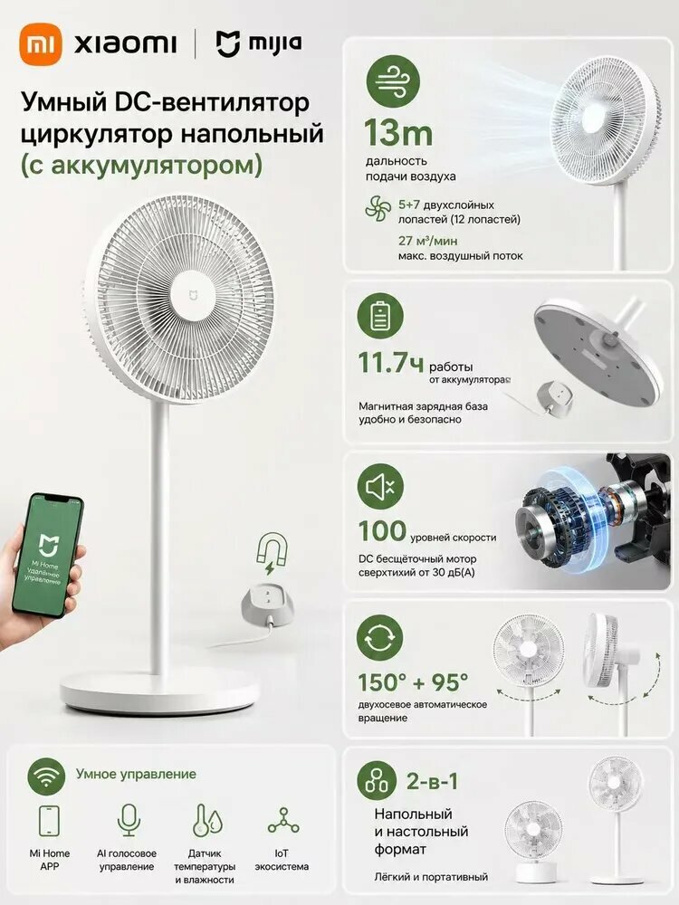 Xiaomi Напольный вентилятор Xiaomi MIJIA Air Circulation Fan (BPLDS05DM) питание от аккумулятора, 100 скоростей, дальность обдува 13 м, время автономной работы 11,7 ч, 2-в-1: для пола и стола, белый, зеркальный