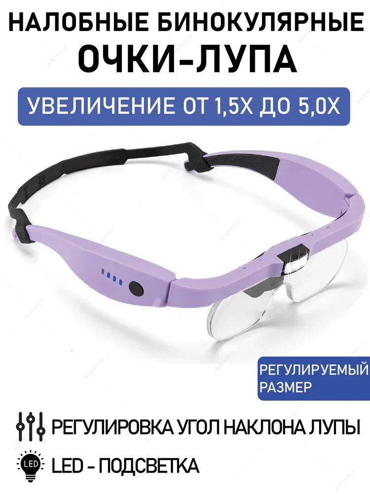 Очки-лупа с LED-подсветкой, увеличение от 1.5x до 5.0x, регулируемый угол наклона, диаметр 155 мм