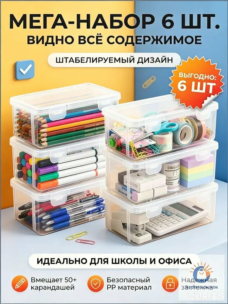 Большая емкость, Прозрачная коробка для карандашей,6 шт, Прочный, пылезащитный, с крышкой, Материал из АБС-пластика, Используется для хранения ручек