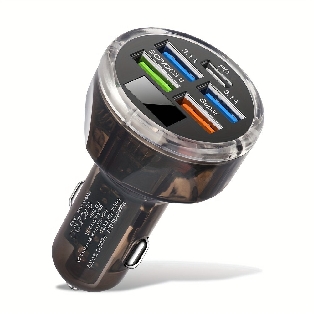 Автомобильное зарядное устройство с 5 USB-портами, быстрая зарядка QC3.0 и SCP, 3.6 А, прозрачное, с дисплеем напряжения для смартфонов