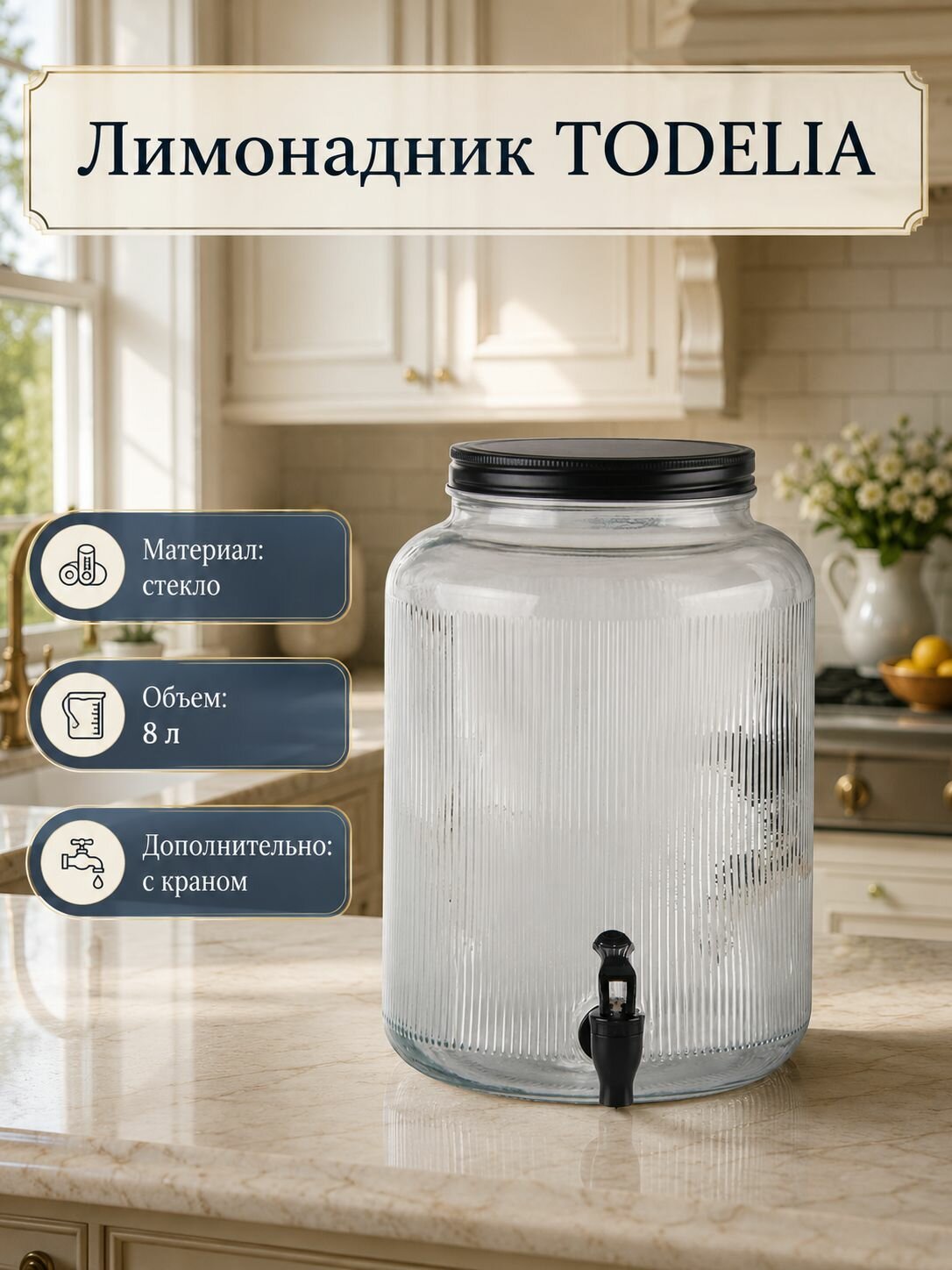 Лимонадник TODELIA 8л, с краном и крышкой, круглый, материал: стекло