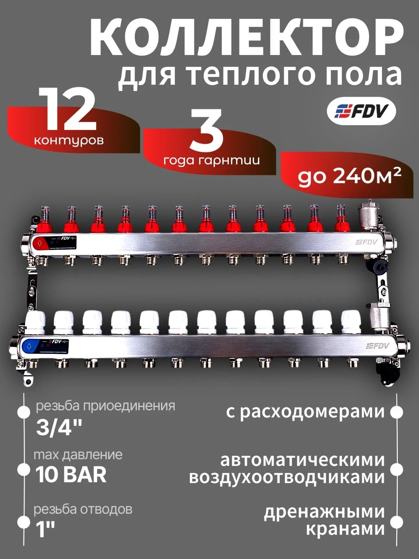 Коллектор для теплого пола 12 контуров FDV из нержавеющей стали с расходомерами, автоматическими воздухотводчиками и дренажными кранами серия S1103C