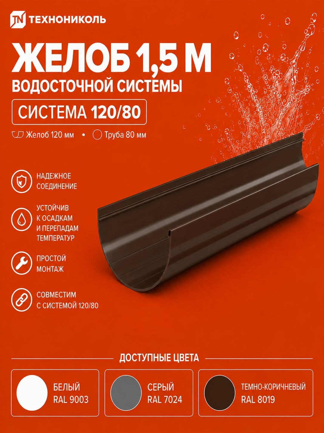 ТН оптима желоб 1,5м (D120/80), темно-коричневый