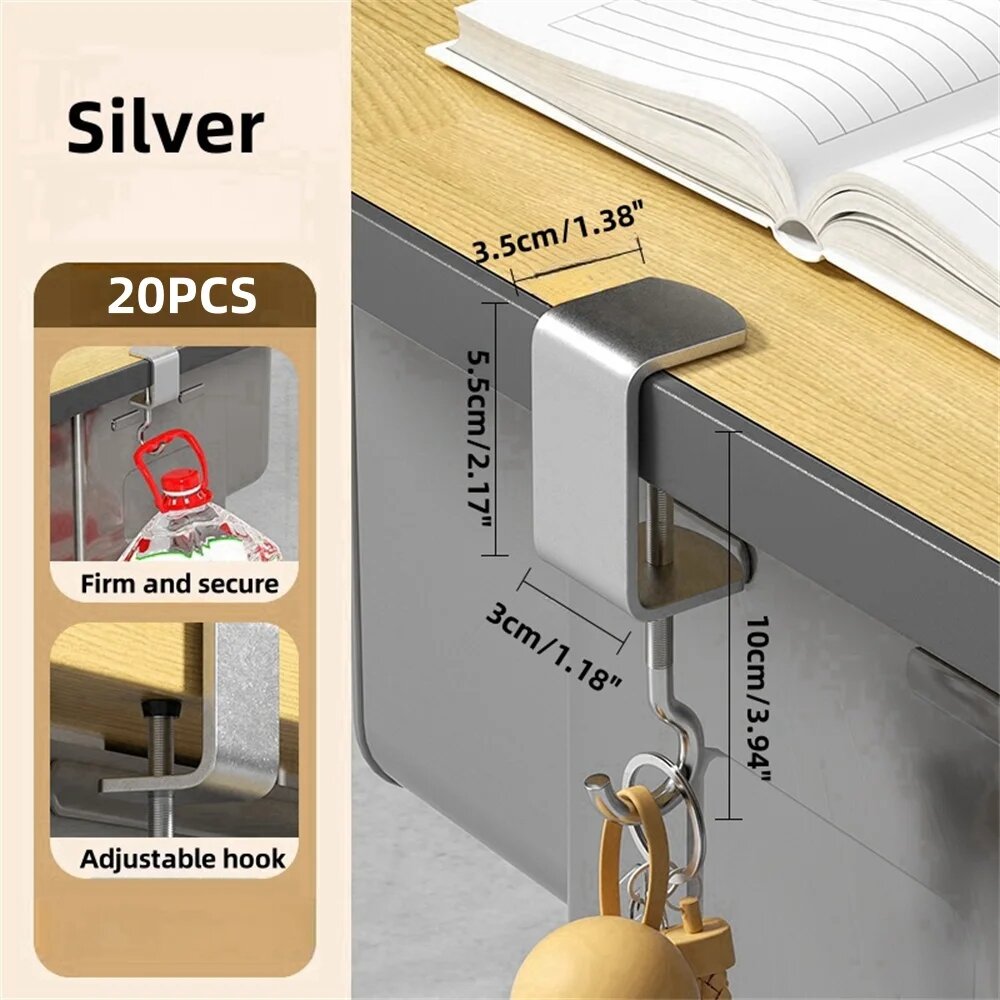 Регулируемый крючок для стола из нержавеющей стали Серебряный, 20PCS Sliver