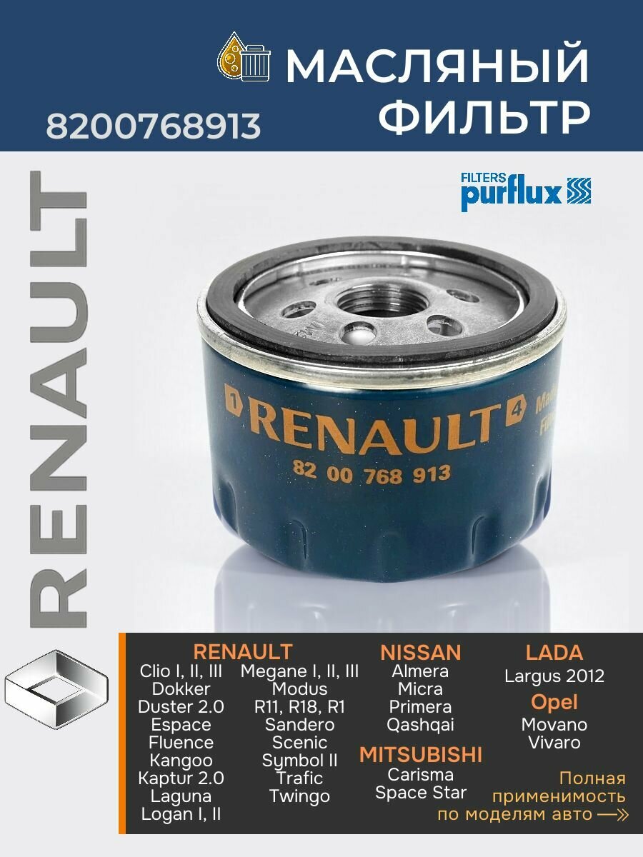 Фильтр масляный Renault 8200768913 для Renault Kaptur, VAZ Largus, Renault Logan, Renault Duster. тер Sandero Сандеро Ниссан Террано оригинал