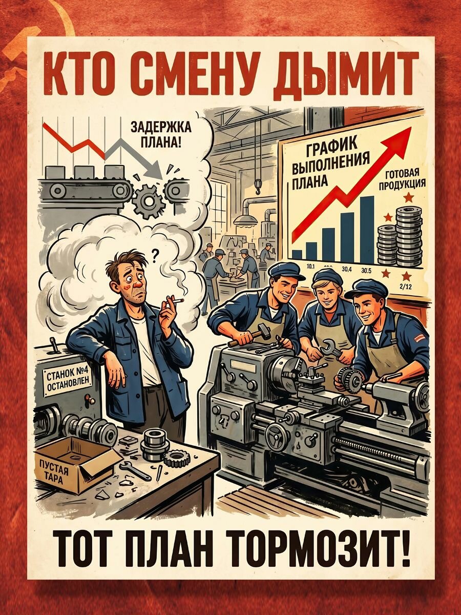 Постер СССР "Кто смену дымит - тот план тормозит!" - 30х40см (без рамки)