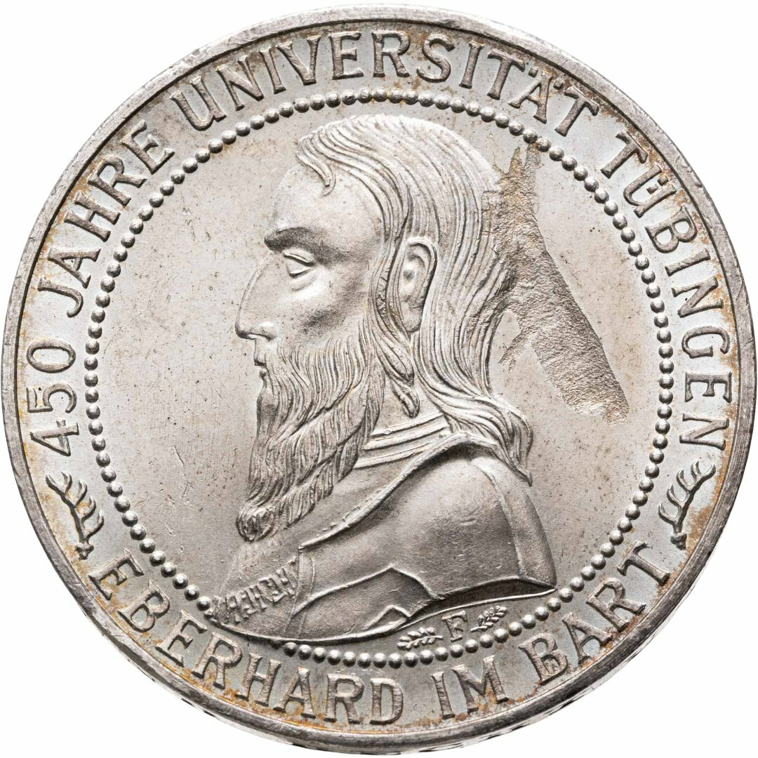 Германия 5 рейхсмарок reichsmark 1927 "450 лет Тюбингенскому университету", Серебро 500, в сохранности AU-UNC