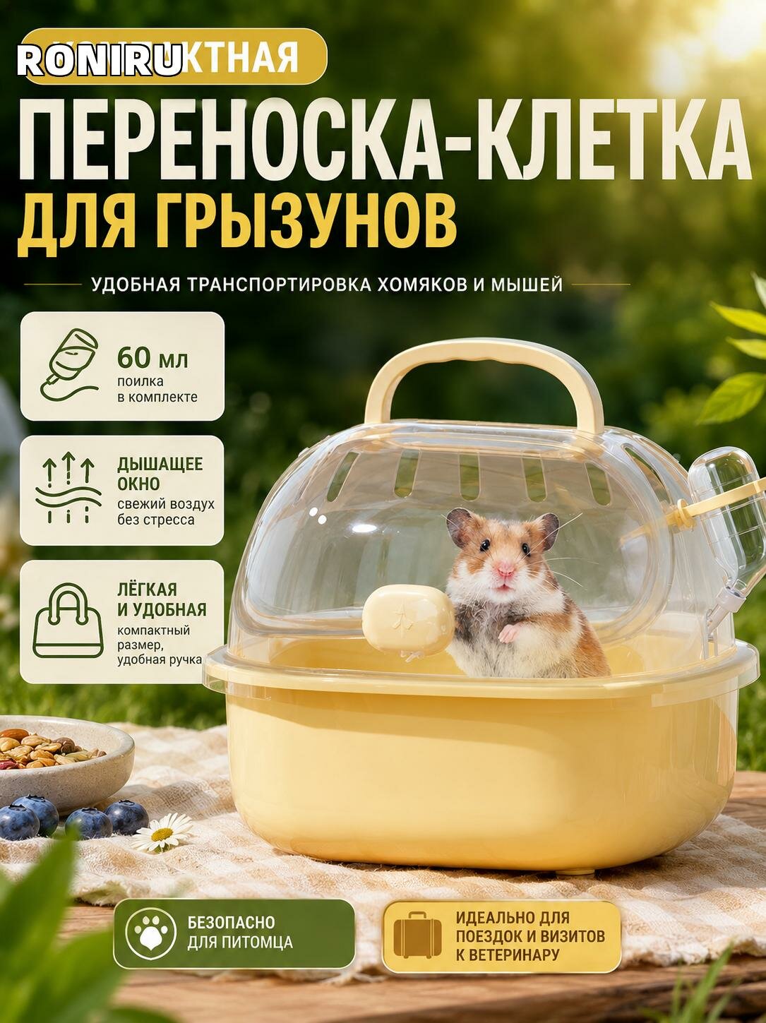 Компактная переноска-клетка для грызунов с поилкой 60 мл и дышащим окном — удобная транспортировка хомяков и мышей