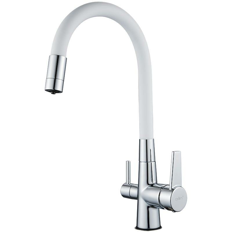Смеситель для кухни D-Lin D159317-3 хром белый, с гибким изливом и краном для питьевой воды, рычажный, латунь