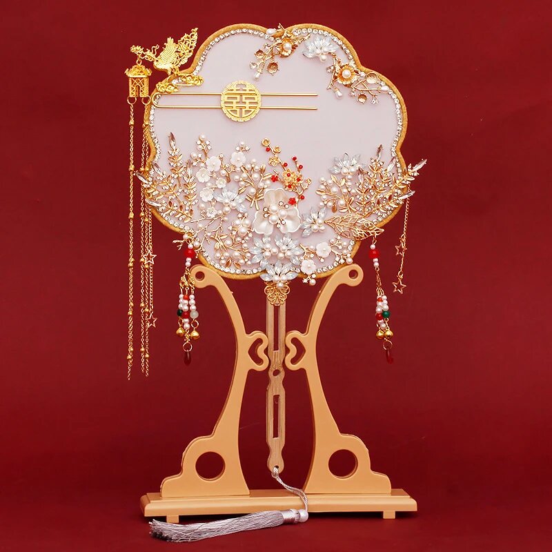 Антикварный ручной веер белый B017a with stand