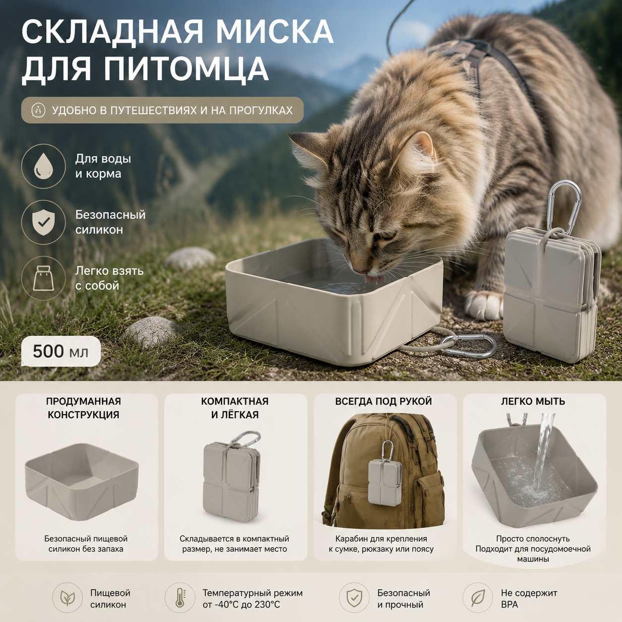 Дорожная миска для домашних животных, складная миска для кошек и собак, , 1 шт. Light coffee