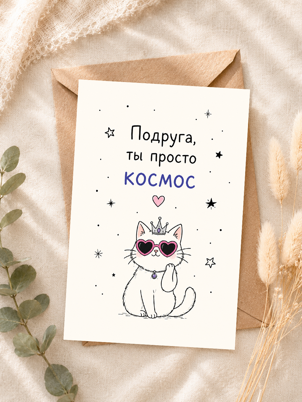 Открытка «Подруга, ты просто космос» с котиком, A6 10×15 см с крафт-конвертом
