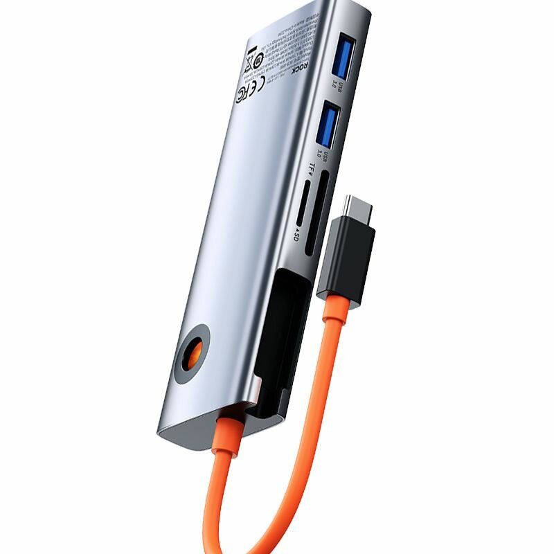 Многофункциональный Хаб USB Hub ROCK TR32 8 in 1 Type-C TO HDMI + RJ45+ PD, USB3.0 х 3 + SD/TF Multi-function Docking Station серый