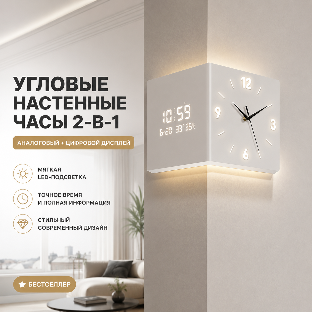 Угловые часы для гостиной с вечным календарем, электронные, Электрический + с лампой, с пультом, белый 26*26cm