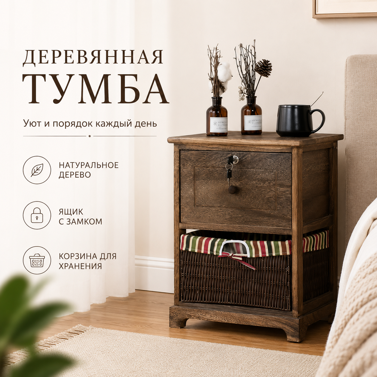 Деревянная тумба у кровати с плетеной корзиной, ретро-комод с одним ящиком для спальни