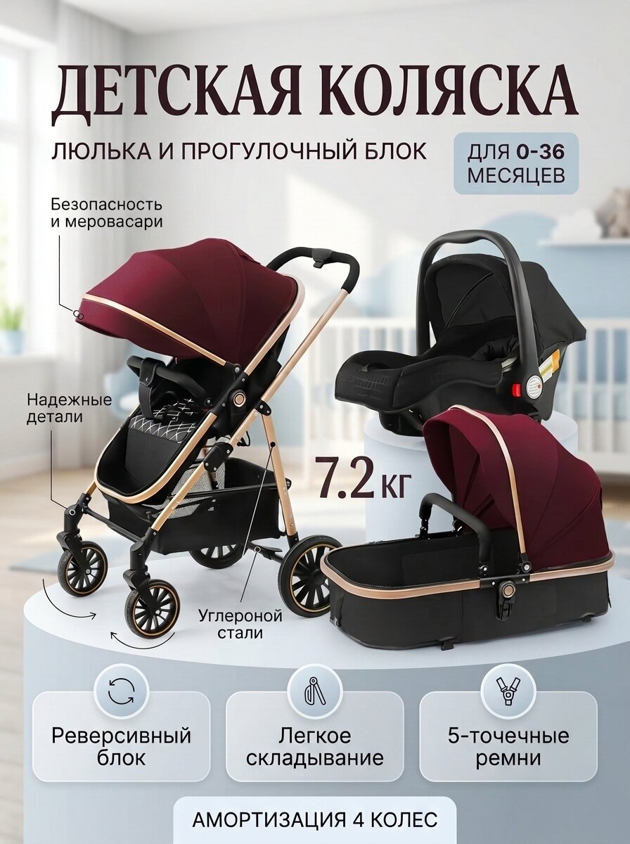 Коляска для новорожденных 3 в 1 всесезонная с автолюлькой и амортизацией
