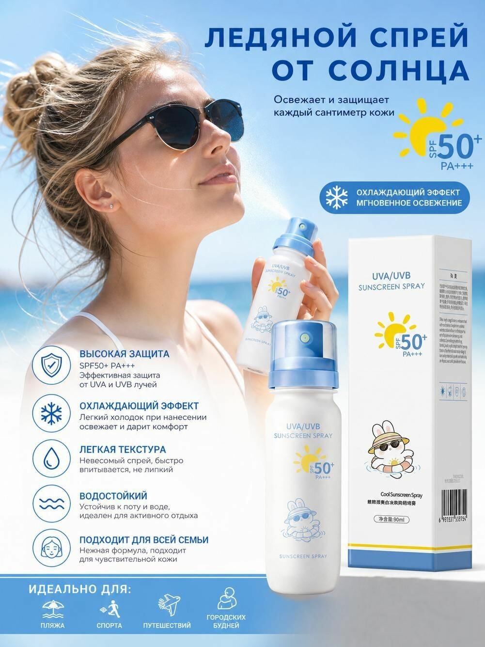 Солнцезащитный спрей с отбеливающим эффектом против морщин, 90 мл, SPF50 PA+++