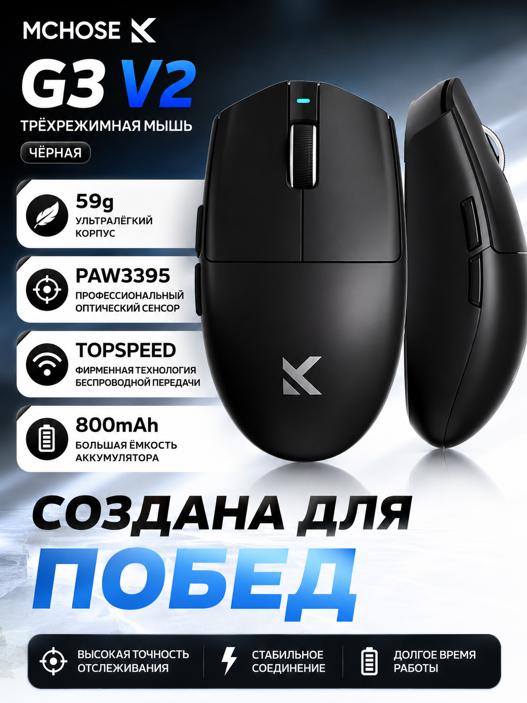 Мышь беспроводная игровая для ноутбука MCHOSE G3V2 / Мышка беспроводная игровая для компьютера bluetooth