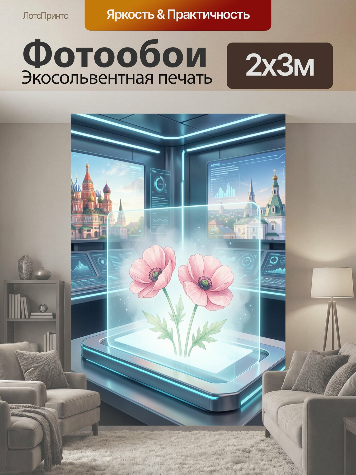 Фотообои "Голографические маки в футуристической лаборатории. Цифровая ботаника с проекцией нежных розовых цветов в хай-тек интерьере." 200x300 см. экосольвентная печать
