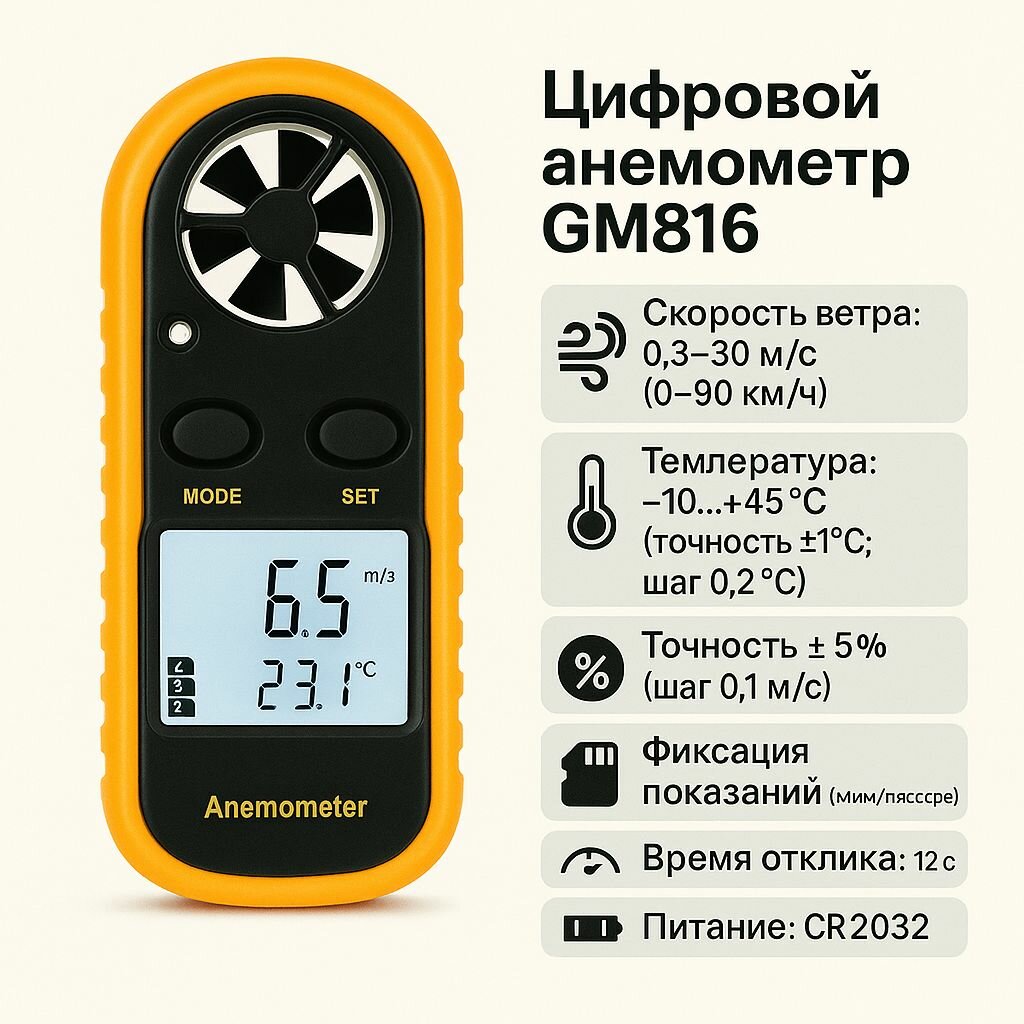 Цифровой анемометр / Измеритель скорости ветра и температуры GM816