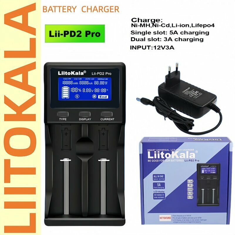 LiitoKala Lii-PD2 Pro 18650 26650 21700 аккумуляторы с LCD-зарядным устройством