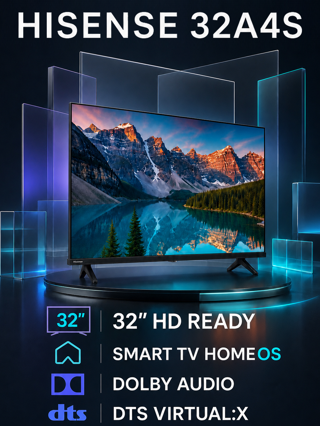 Телевизор Hisense 32A4S 32", диагональ, разрешение HD, диагональ 31,89", чёрный