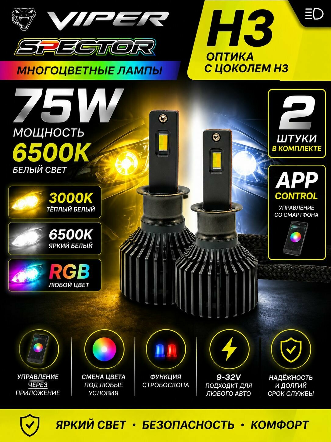 Светодиодные LED лампы H3 для ПТФ на Suzuki Grand Vitara 1998-2005 / Сузуки Гранд Витара - VIPER - 75W 6500K / Многоцветные лампы / VIPER SPECTOR лампы ФСО