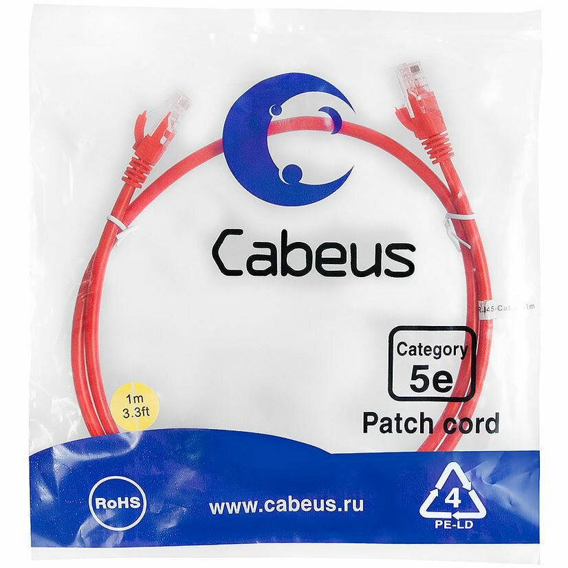 Патч-корд Cabeus PC-UTP-RJ45-Cat.5e-1m 1м RJ-45 красный