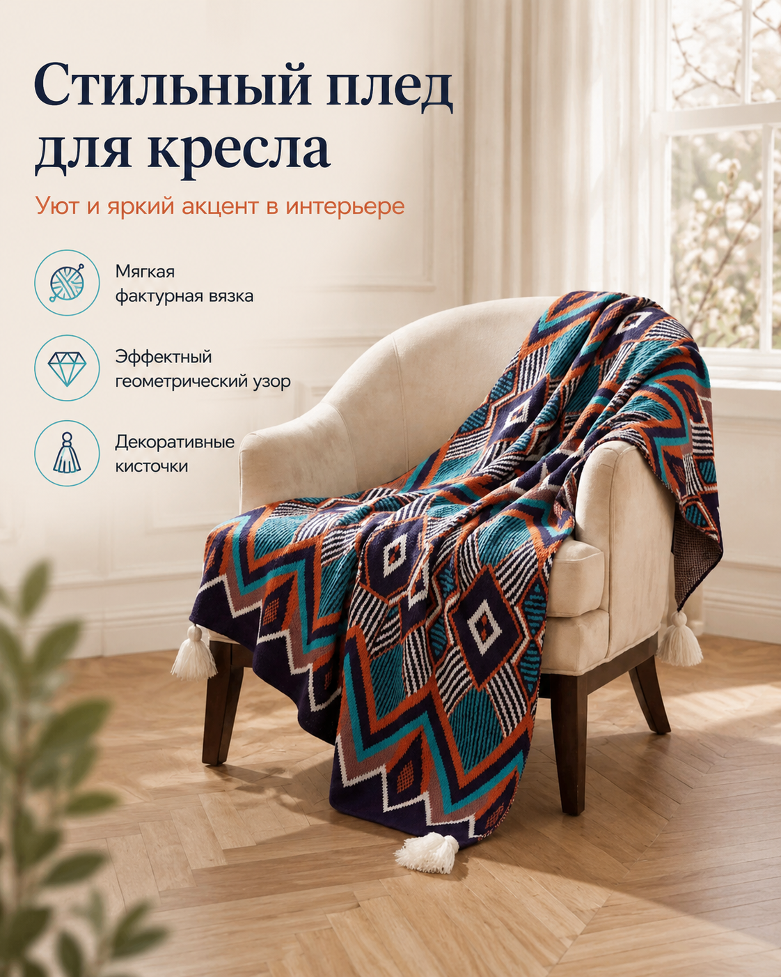 Вязаный плед с этническим геометрическим узором на тёмном фоне, декор с мягкими белыми кистями , 170x130 см