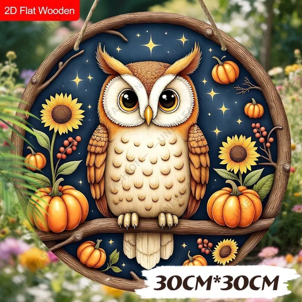 30cm*30cm, Круглая деревянная декоративная табличка с осенней совушкой на ночном фоне, Плоские 2D-изделия