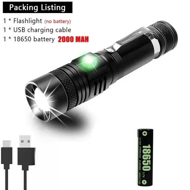 Тактический фонарь XIWANGFIRE T6 черный Черный, 2000mAh Battery