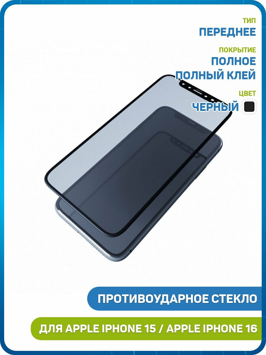 Противоударное стекло 2D для Apple iPhone 15 / iPhone 16 (полное покрытие / сеточка на динамик) черный