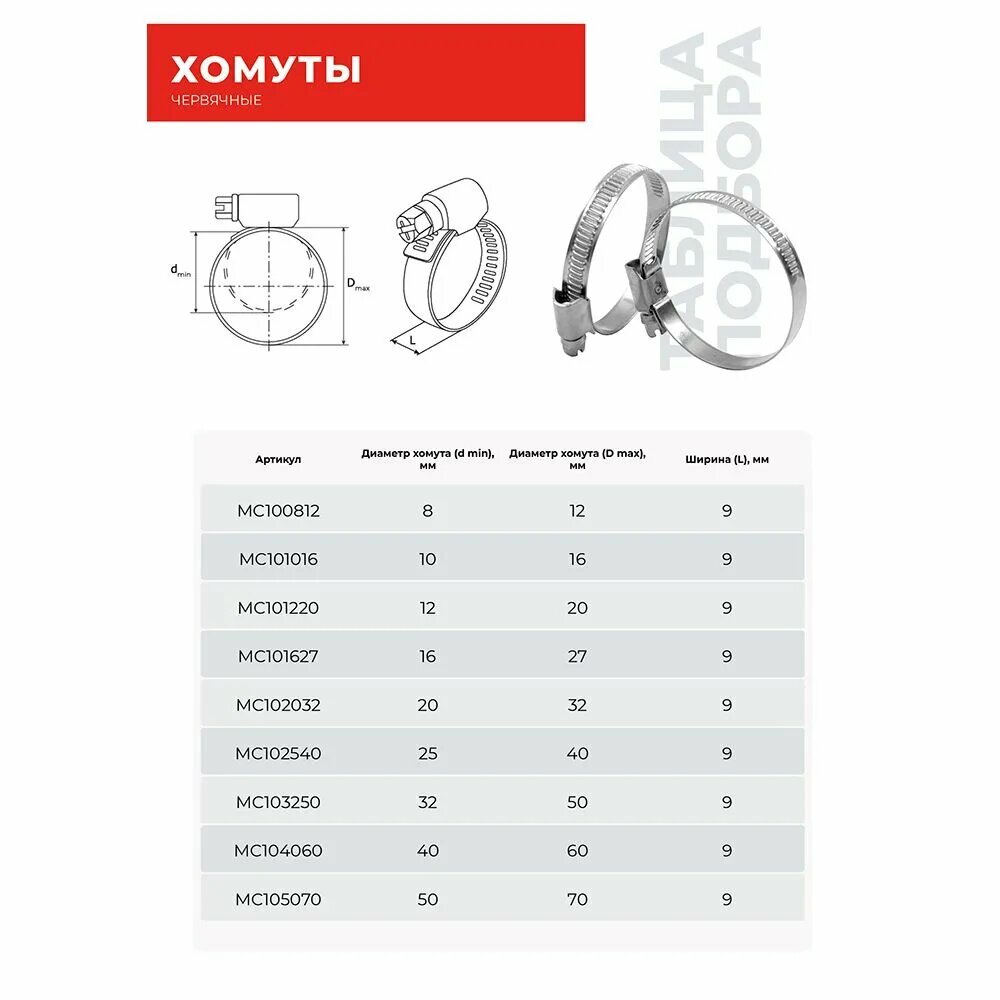 Хомут червячный 16-27/9 мм. (нержавеющая сталь) Комплект 10 шт. MC101627 MILES MC101627