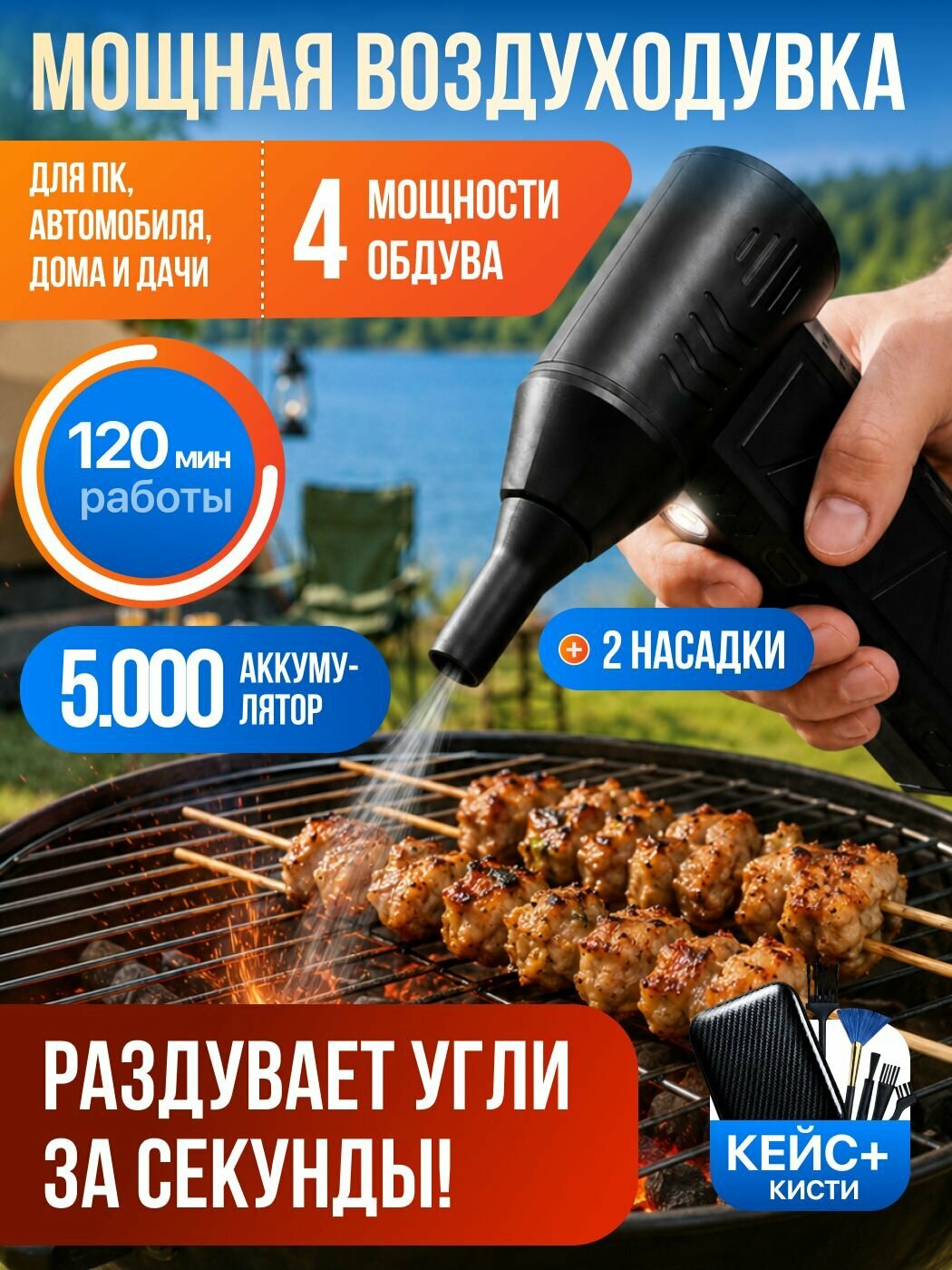 Воздуходувка аккумуляторная турбовентилятор, воздуходувка-пылесос аккумуляторная мощная многофункциональная портативная с кейсом, ветродуйка с функцией пылесоса