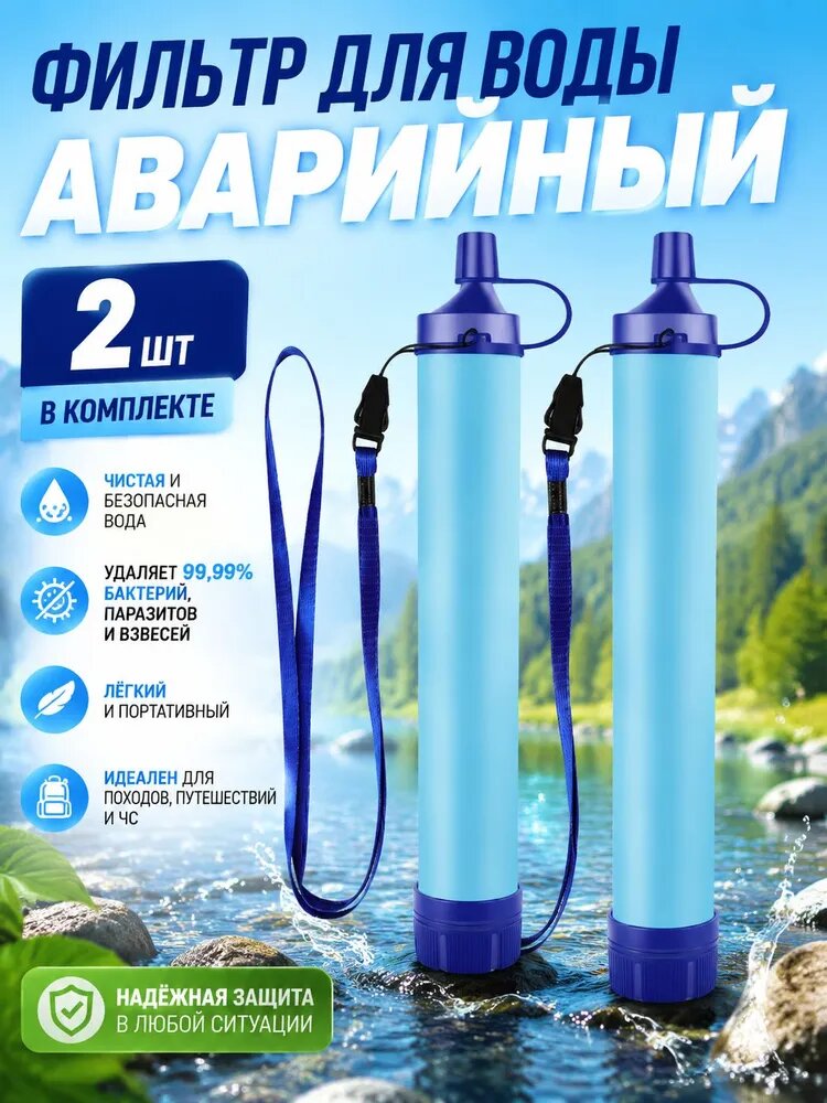 Портативные фильтры для питьевой воды на случай чрезвычайных ситуаций (2 шт.), подходят для подготовки к чрезвычайным ситуациям и активного отдыха на природе - синие.