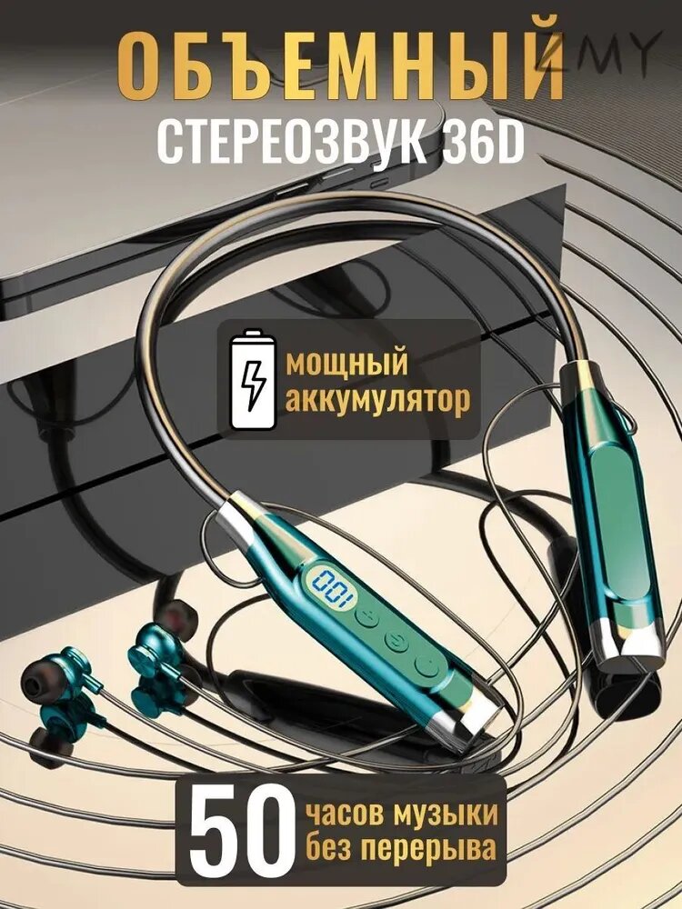 Наушники беспроводные с микрофоном, зеленый