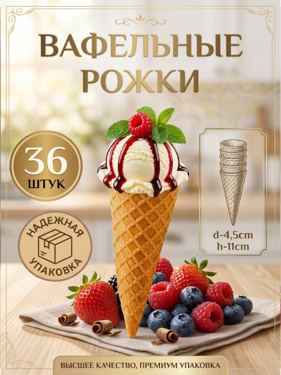 Вафельные рожки для мороженого, с ровным краем, 36шт