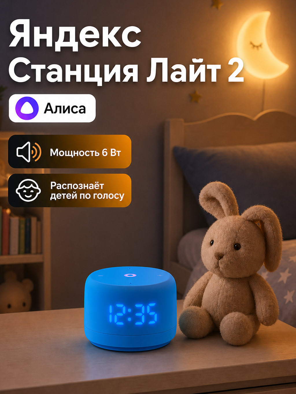 Умная колонка Яндекс Станция Лайт 2 с Алисой на YaGPT (YNDX-00026BLU), 6 Вт, с часами, голубой