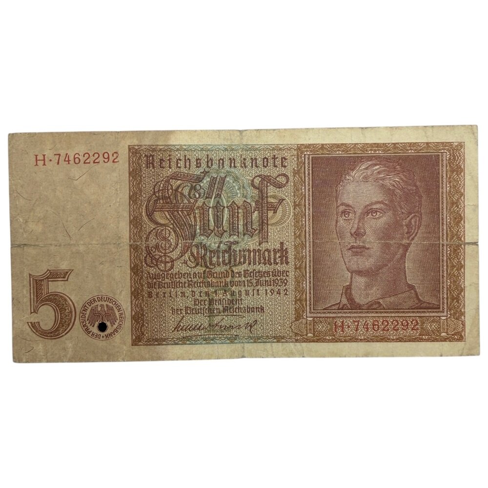 Третий Рейх (Германия) 5 рейхсмарок (марок) 1942 г. (ВЗ - Обычный) (Серия H) (7-значный номер)