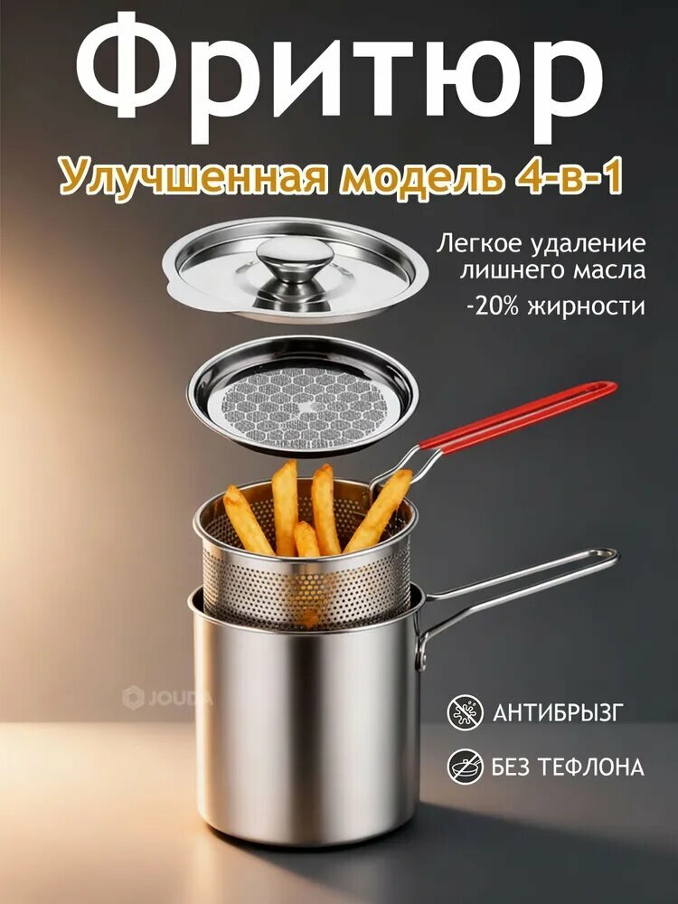 Фритюрница 4-в-1 антибрызг с крышкой-фильтром, 1.2 л, нержавеющая сталь 304, для всех типов плит