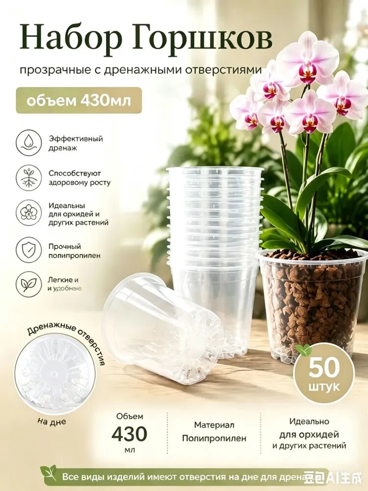Горшок для цветов 430 мл, 10 см, 50 шт, цвет прозрачный