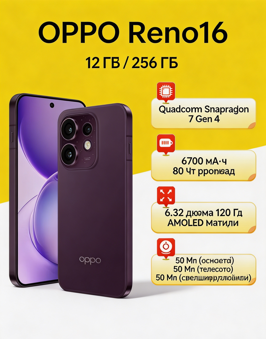 Смартфон OPPO Reno16 5G 12/256 ГБ EAC (Ростест) Snapdragon 7 Gen 4 50+50+50 МП 6700 мАч Фиолетовый