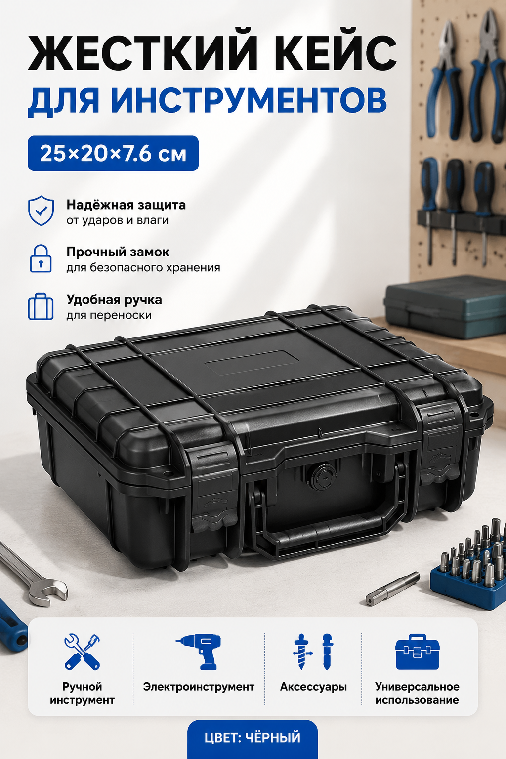 Жесткий кейс для инструментов 25x20x7.6 см, черный, ABS/полипропилен